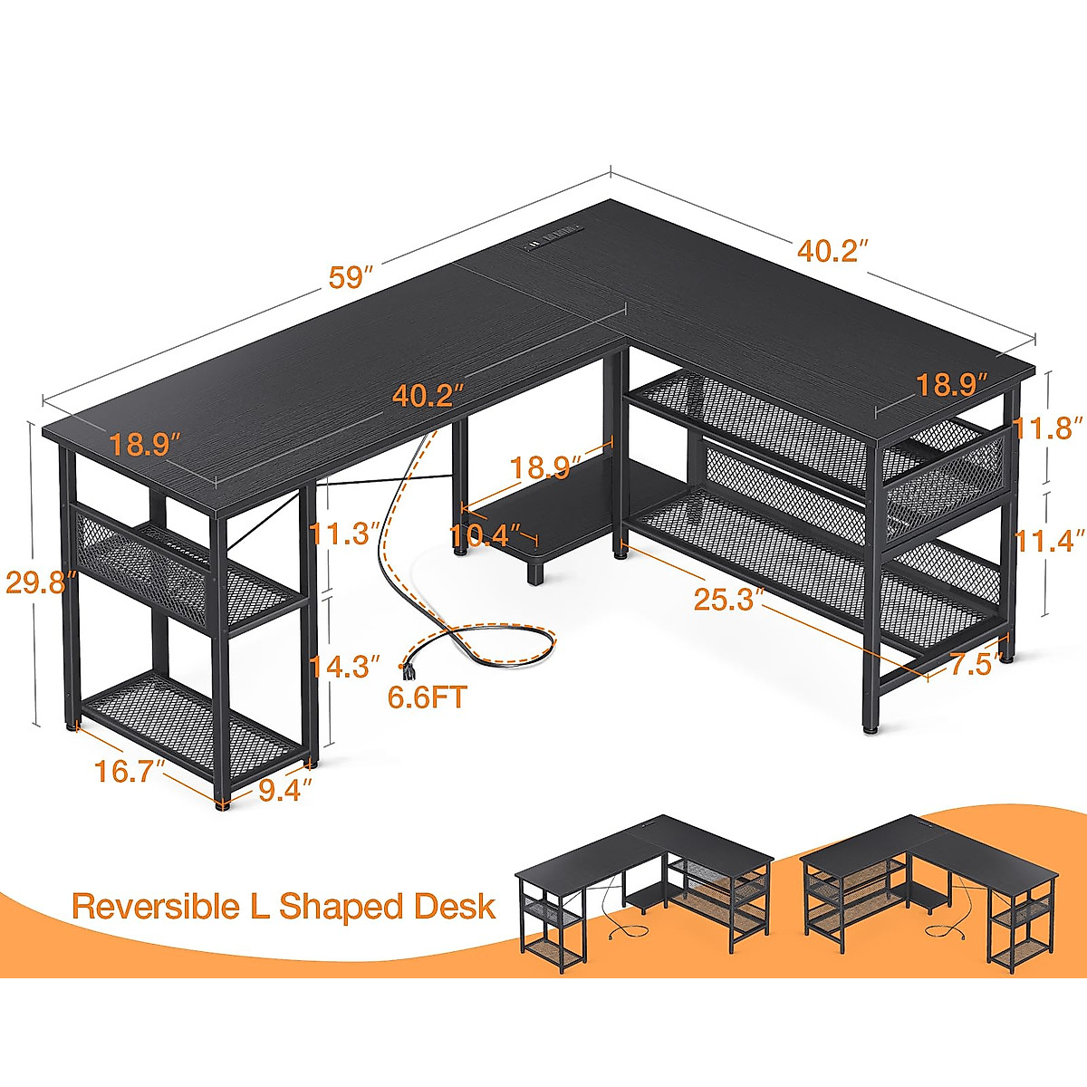 ODK 59" L Shaped Desk with Power Outlet and USB Charging Ports, Reversible L Shaped Computer Desk with Storage Shelves, Home Office Desk, Gaming Desk, Corner Desk, Black