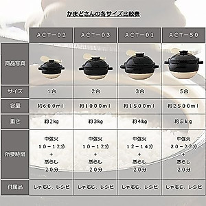 Hasegatani Pottery ACT-03 Hasegaen Kamado-san Rice Earthenware Pot, 2 Cups, Approx. 33.8 fl oz (1,000 ml), Direct Fire, Black