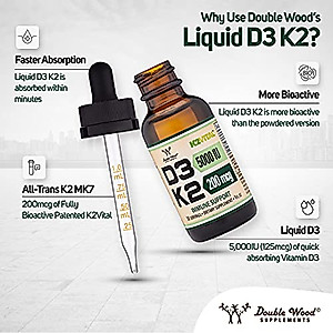 Vitamin D3 K2 5,000 IU Liquid Drops (5,000 IU of D3 and 200mcg of 99.9% All-Trans Patented K2 MK-7 (K2Vital)) Max Absorption Liquid Vitamin D Drops (30 Servings) by Double Wood