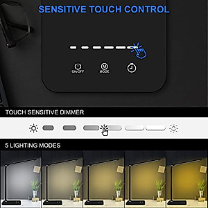 ELECGO LED Desk Lamp, Touch Control Table Lamp with 5 Lighting Modes, Eye Protection Dimmable Office Lamp with Flexible Arm, USB Port, 30/60 Min Timer, for Table Bedroom Bedside Office Study