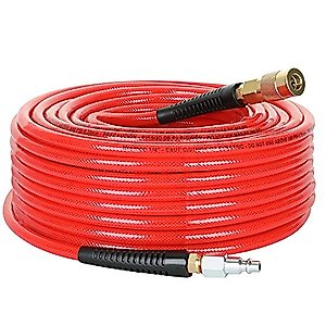 Hromee 1/4-Inch x 100 Feet Polyurethane Air Hose with Bend Restrictors PU Compressor Hose with 1/4" Industrial Quick Coupler and Plug Kit, Red