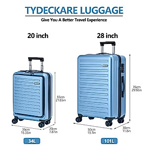 TydeCkare 2pcs 20/28" Luggage Set Lightweight HardShell, Only 20 Inch Carry On 21.65 * 15.35 * 7.87" Cabin Suitcase with Front Pocket, 28 Inch 19.68 * 11.81 * 29.92" Checked Luggage, Blue