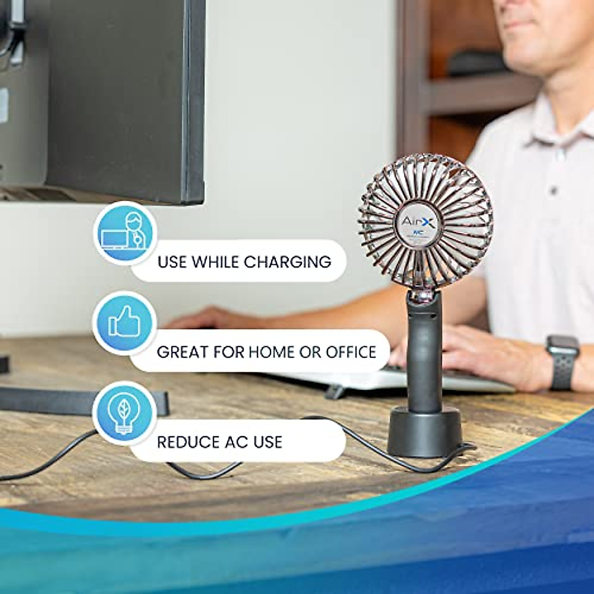 Modern Comfort AirX Portable Personal Fan | Multi-Use Clip & Stand for Home, Gym, Outdoors, Office, Desk, Peloton... | 5-speeds (vs 3)| Long Lasting Charge |Ergonomic Handle |Reduce AC use | 1 Yr Warr