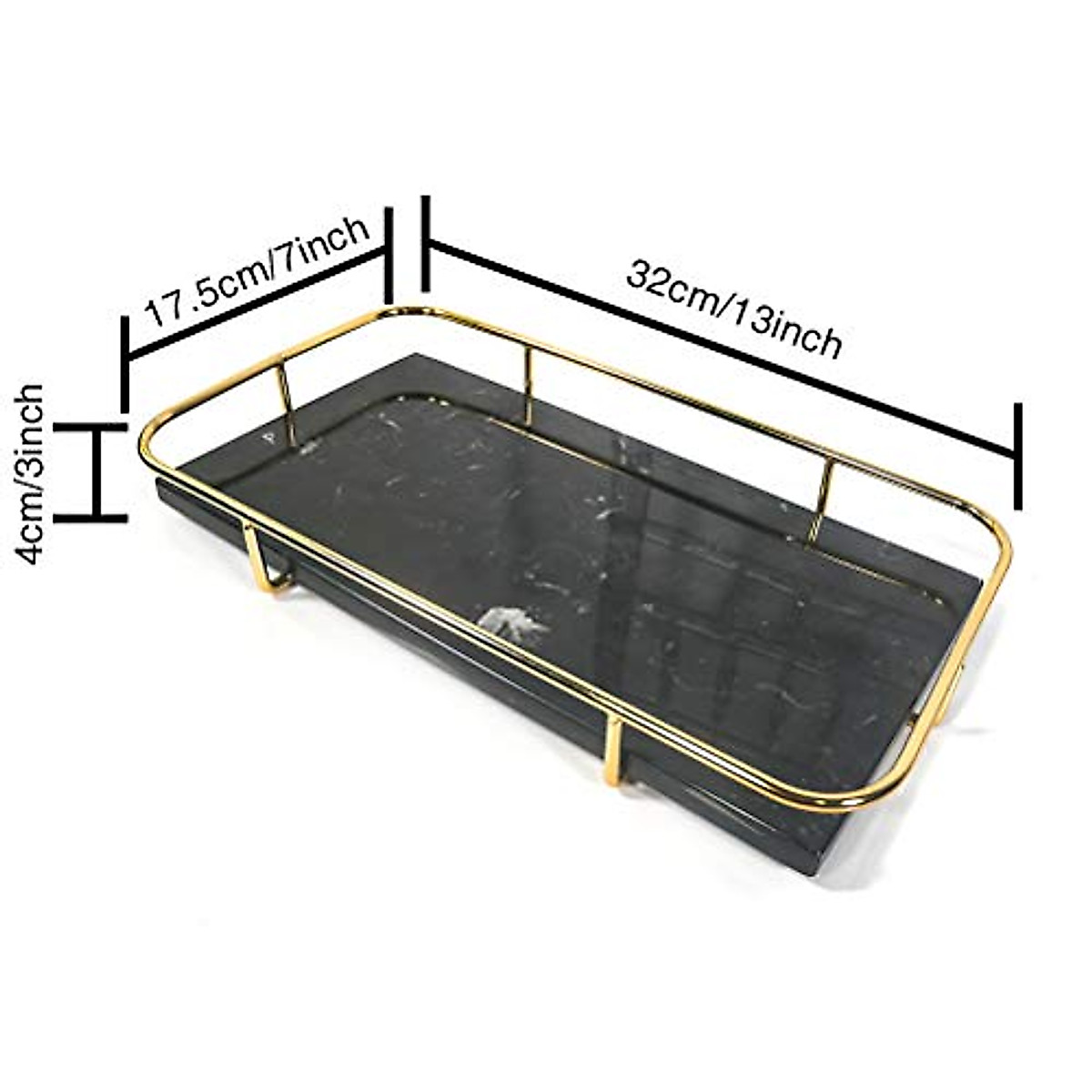 PuTwo Decorative Tray Black Marble Tray with Polished Gold Metal Handles Jewelry Tray Handmade Catchall Vanity Tray for Dresser Bathroom Vanity Table Bar Ideal Gift for Birthday Christmas - Black