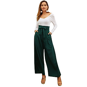 SweatyRocks Women's Casual High Waist Belted Wide Leg Pants with Pocket Green L