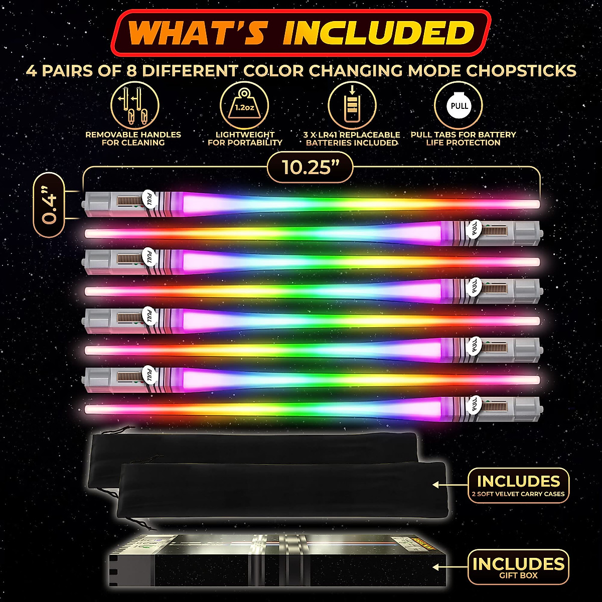 LIGHTSABER CHOPSTICKS LIGHT UP STAR WARS LED Glowing Light Saber Chop Sticks REUSABLE Sushi Lightup Sabers-Removable Handle Dishwasher Safe-Premium GIFT BOX & CARRY CASE Included-8 COLOR MODES-4 PAIRS