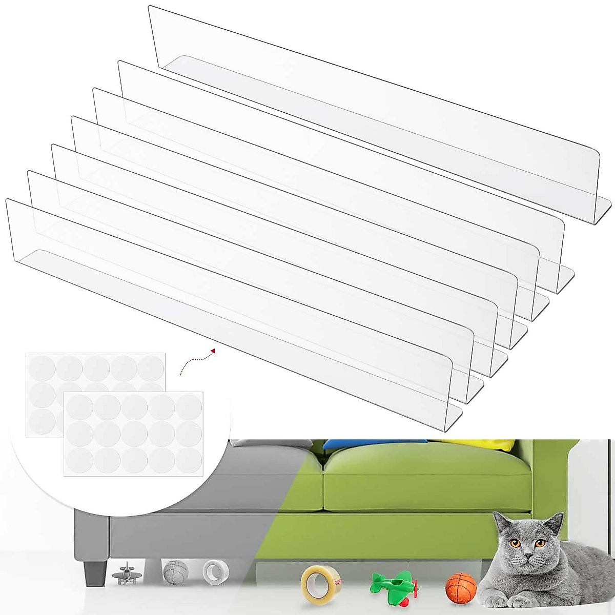 WXJ13 7 Pack 15.75" L x 2.4" H Under Sofa Blocker Clear,Acrylic Couch Blocker,Toy Blocker for Under Couch with 30 Double Sided Adhesive Spots,Prevent Pets or Things from Getting Under The Furniture