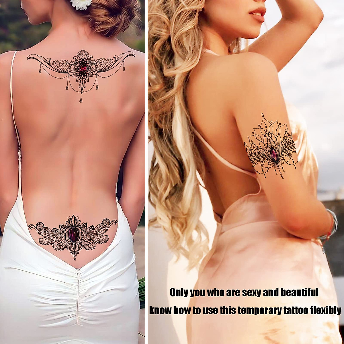 Roarhowl Lace Tattoos, Large Sexy Temporary Tattoo Set, Temporary Tattoos For Women, Belly Back Waist Thigh Body Art Fake Tattoos (Set 1)
