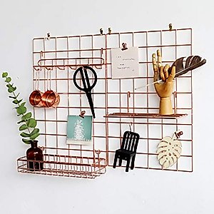 FRIADE Wall Grid Panel for Photo Display,Wall Storage Organizer ,5 Metal Clips & 3 S Hooks & 4 Nails & 4 Plastic Hanging Buckles and 4 Screws Offered,Size 17.5" x 11.8",2 Pack(Rose Gold)