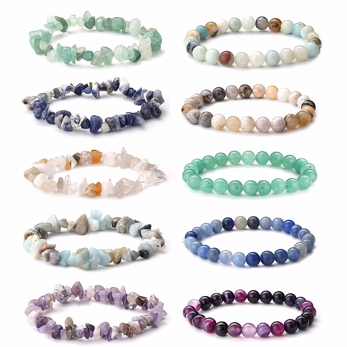 FINREZIO 10PCS Natural Gemstone Bead Bracelets for Men Women Semi-precious Beaded Bracelets Chakra Crystal Healing Bracelets Irregular Chips Beads Bracelet Stretch Relief Reiki Yoga Bracelet 6mm 8mm