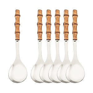 Natural Bamboo Handle Serving Spoons Set of 6, Large Size Stainless Steel Dinner Buffet Catering Banquet Serving Spoons, 10.0" Silver Big Ladle Tablespoons for Home, Family Serving Utensils