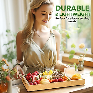 Flexzion Bamboo Trays for Serving Food - 3 Pack Bamboo Wooden Serving Trays with Handles - Rectangular Bamboo Food Tray Set (Large, Medium, Small) for Breakfast, Lunch, Dinner, Snack, Party, Bed