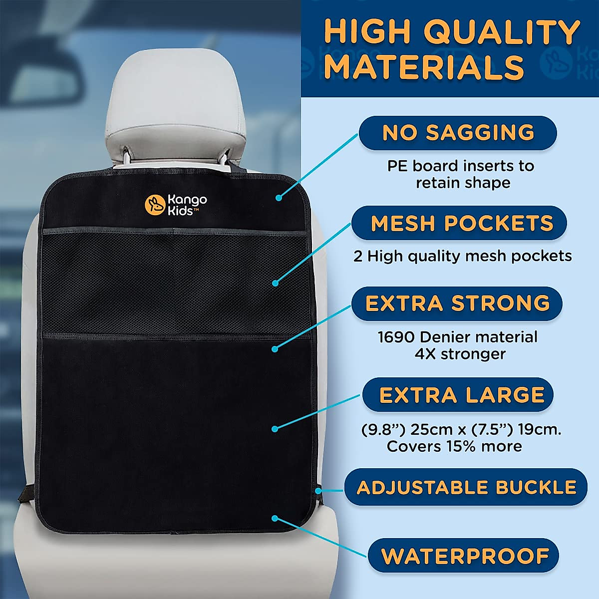 KangoKids Car Seat Protector (2Pk)– XLarge, Heavy Duty Kick Mats – Waterproof & Sag Proof Back Seat Protector to Protect Upholstery from Dirt – Car Seat Back Protector with Reinforced Storage Pockets