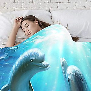 Dolphins Deep Ocean Personalized Blanket with Name Text Custom Comfort Super Soft Cozy Fleece Fashion Throw Blankets for Wedding Birthday Gift 50x60 Inch