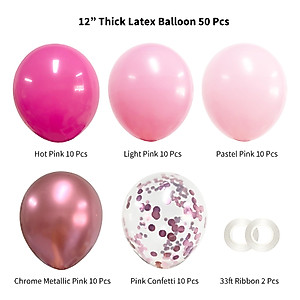ANSOMO Pink Latex Balloons Party Decorations 12 Inch 50 Pcs Hot Pink Pastel Confetti Metallic Chrome Blush Ribbons Wedding Birthday Bridal Baby Shower Bachelorette Décor Supplies Girls Women