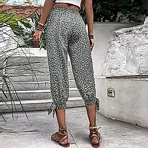 DUOWEI Women Pants for Work Casual Womens Flower Prinnted Linen Capri Pants Elastic Waist High Waist Work Pants for Women Green