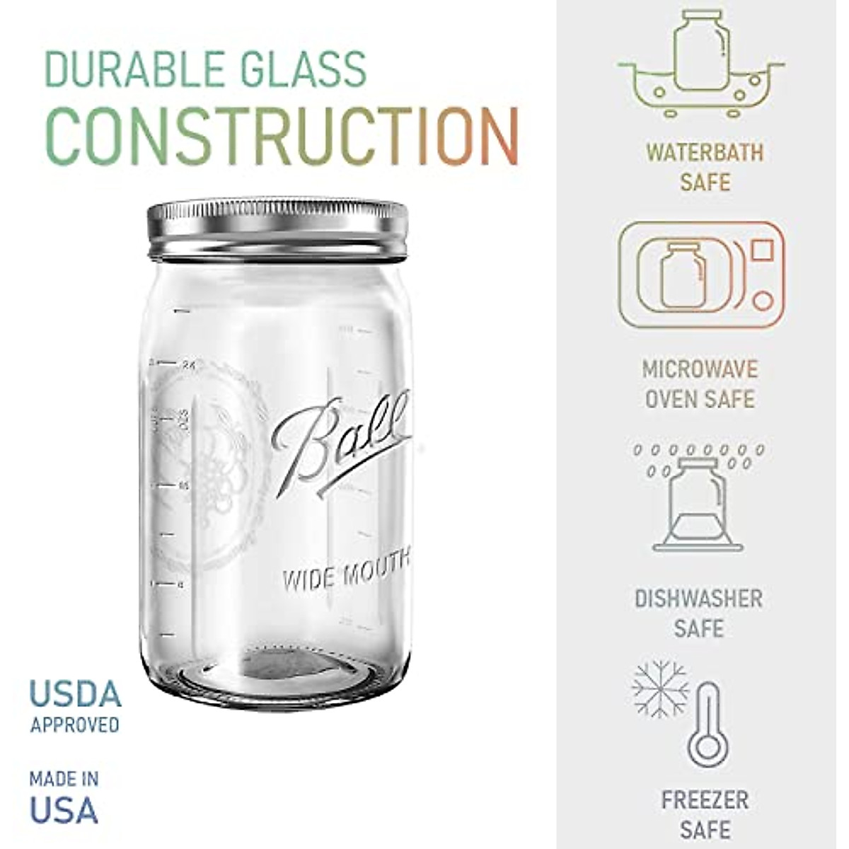 Mason Jars Wide Mouth 32 oz Bundle with Non Slip Jar Opener brand BHL Jars - Set of 4 Quart Size Mason Jars - Canning Glass Jars with Lids