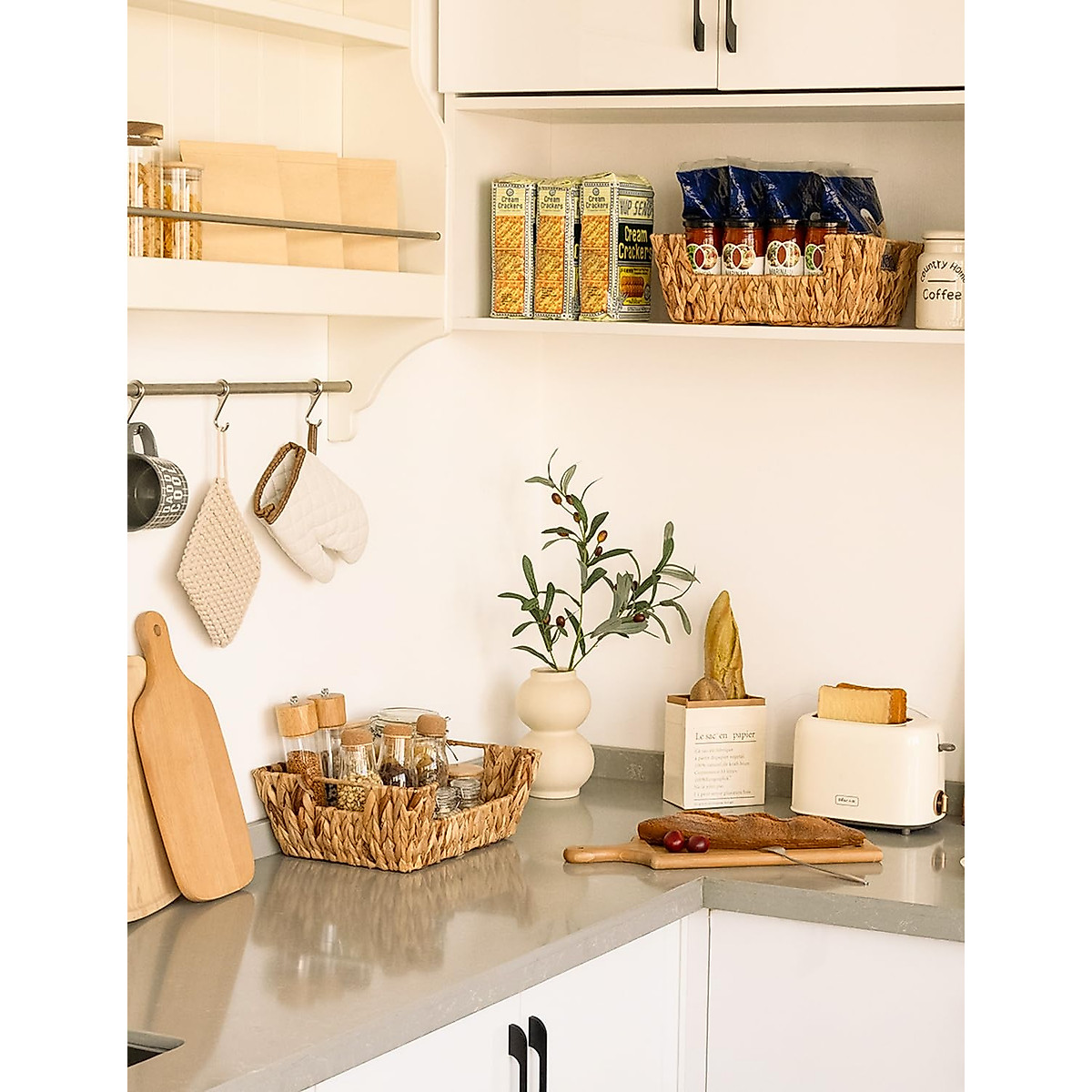 StorageWorks Water Hyacinth Open-Front Storage Basket, Wicker Storage Baskets for Shelves, Hand-Woven Bin with Handles, Kitchen Pantry Wicker Basket, 2 Pack