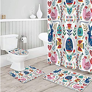 Housein 4 PCS Boho Shower Curtain Set 36 x 72 inch, Bathroom Set Accessory Toiled Set Cover and Absorbent Non Skid Floor Mat with Abstract Shower Curtain with 12 Hooks for Bathroom
