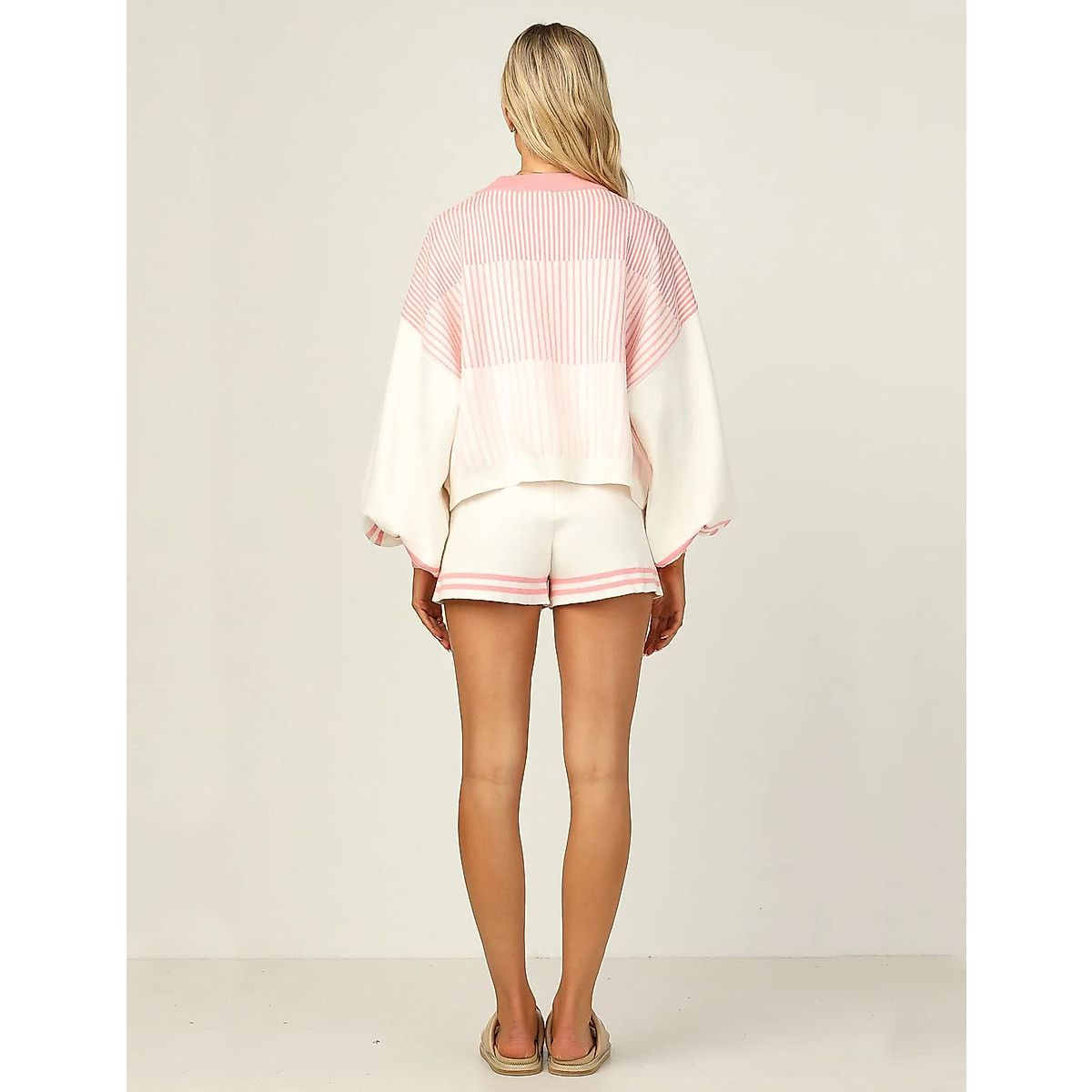 Arssm 2 Piece Sets for Women Casual Knitted Striped Crewneck Pullover Long Sleeve Sweater Shorts Lounge Outfits (White-XL)