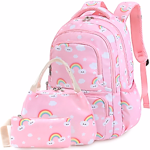Unineovo Backpack for Girls, 16' Rainbow School Backpack for Kids - Lightweight Water Resistant Bookbag - Pink Nylon School Bag Set Gifts for Kid