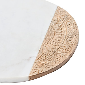 Creative Co-Op Contemporary Mango Wood and Marble Serving Engraved Design Cutting Board, 12" Round, White & Natural