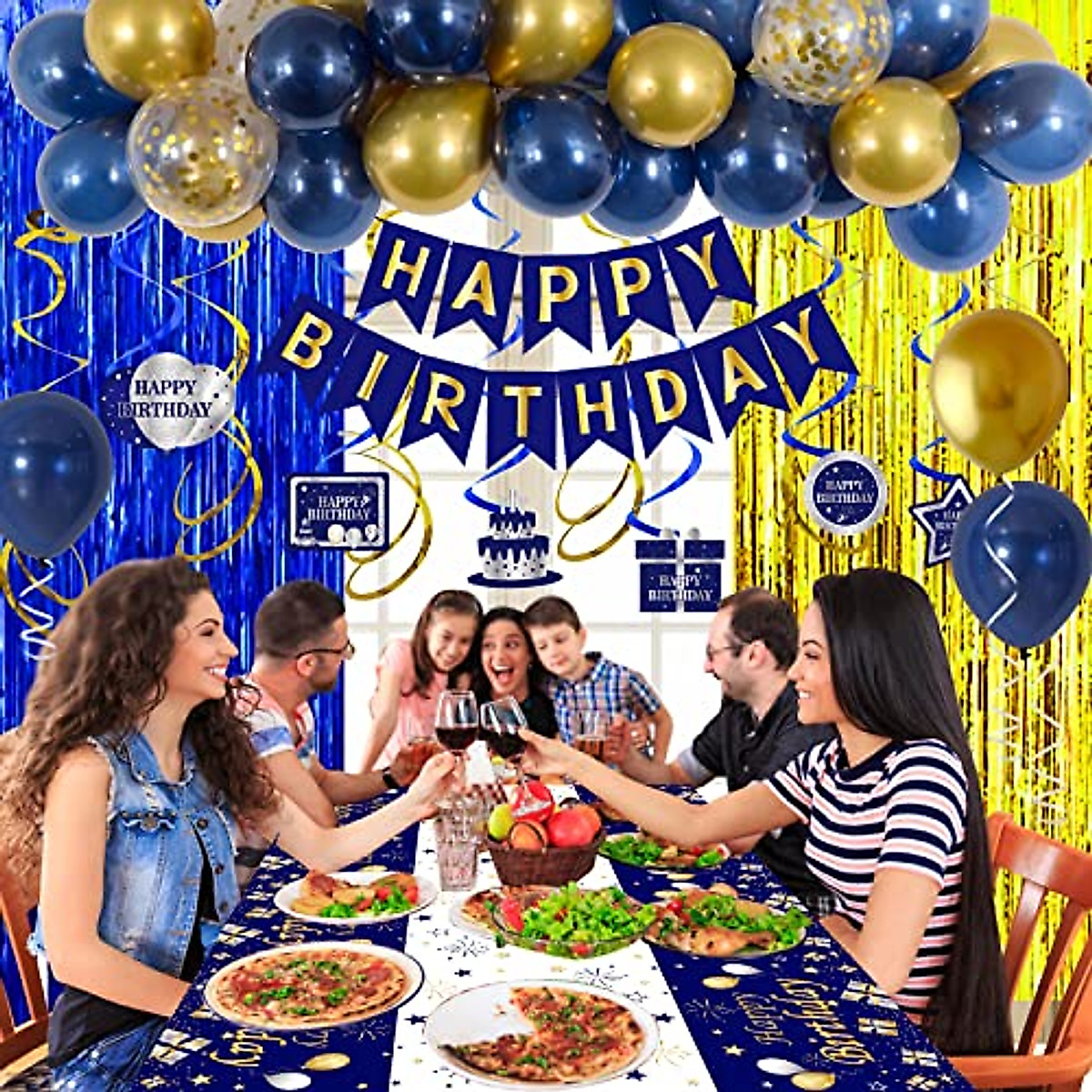 Navy Blue Gold Birthday Party Decorations for Men Women,Happy Birthday Banner Decorations Party Supplies Backdrop Confetti Balloons Tablecloth Foil Fringe Curtains Hanging Swirls Decors for Boys Girls
