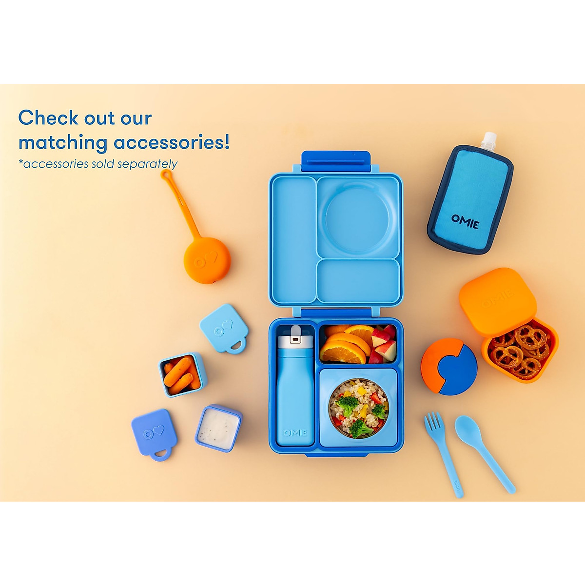 OmieBox Bento Box for Kids - Insulated Lunch Box with Leak Proof Thermos Food Jar - 3 Compartments, Two Temperature Zones (Sky Blue) (Single) (Packaging May Vary)