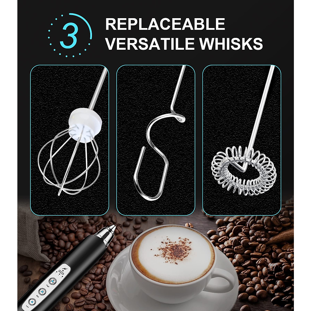 Nahida Black Milk Frother Wand for Coffee, Frother Handheld Rechargeable Electric Whisk with 3 Heads 3 Speeds Drink Mixer Coffee Frother Foam Maker For Latte, Cappuccino, Hot Chocolate, Egg