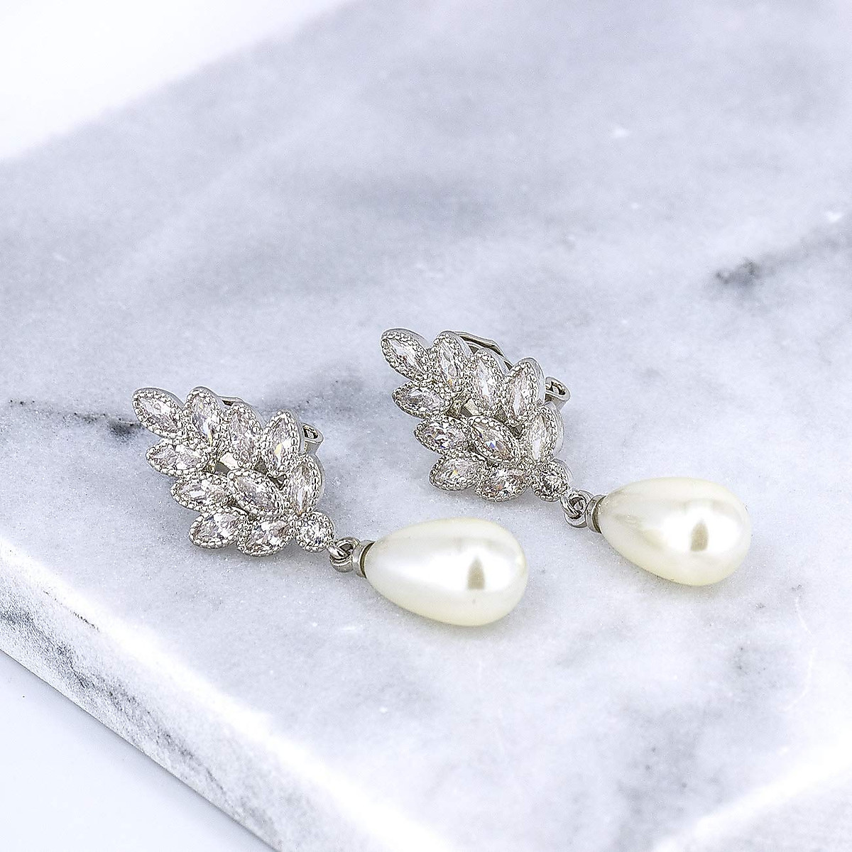 YOQUCOL Leaf-shape Dangle Drop Clip On Earring Zirconia Crystal Simulated Pearl NonPierced Earrings For Women