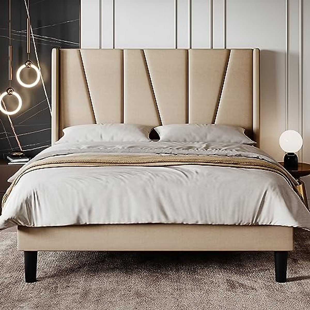 SHA CERLIN Queen Bed Frame, Upholstered Platform Bed with Geometric Headboard and Wingback, Wood Slat Support, No Box Spring Needed, Beige