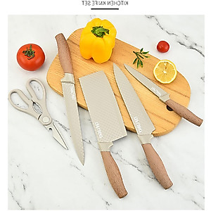 Kitchen Knife Set, 6-Pieces Luxury Wooden Coating Knife Set, Light Wood Grain Handle, Stainless Steel Non-Stick Sharp Blade Chef Knife Set with Cylindrical Knife Block for Gift