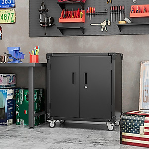 SUPEER Metal Storage Cabinet with Wheels,Rolling Storage Cabinet with 2 Doors and Adjustable Shelves,Suitable for Garage,Home,Office,Gym,School-Assembly Required,Black