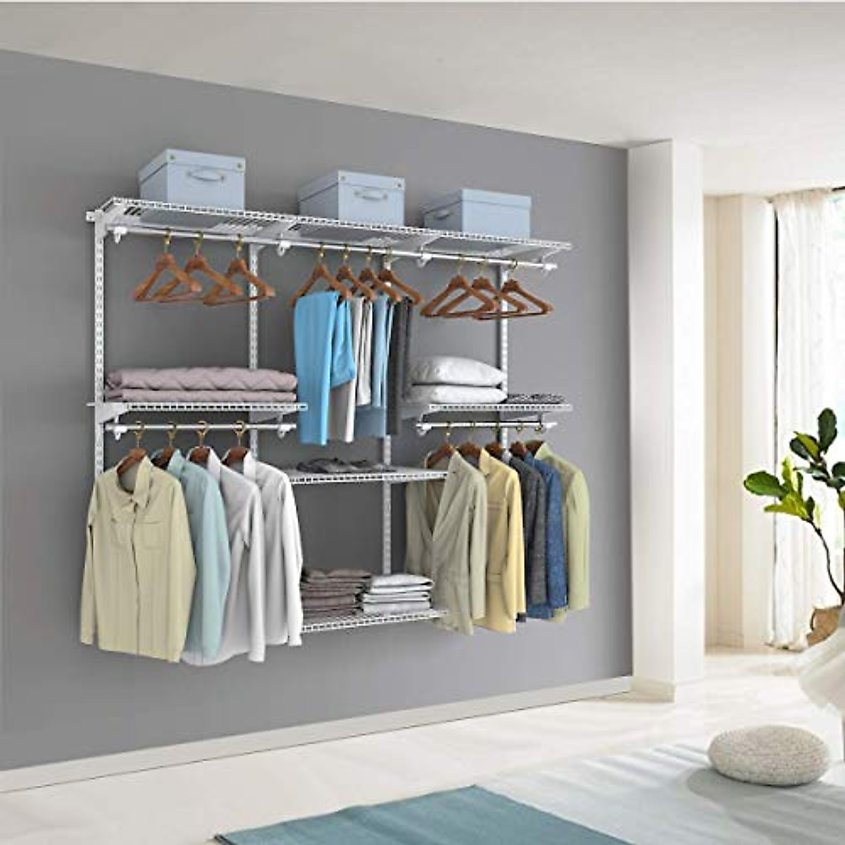 Tangkula 4 to 6 FT Custom Closet System, Wall Mounted Closet with Hanging Rod, Metal Hanging Storage Organizer Rack Wardrobe with Shelves, Adjustable Closet System Kit for Bedroom