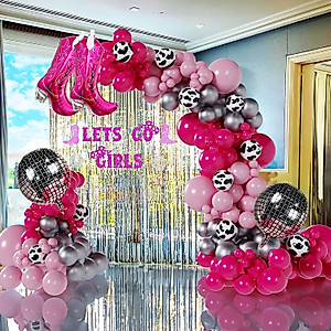 Cowgirl Balloons Arch Garland Kit For Last Rodeo Bachelorette Sash Supply Birthday Party Decorations,Hot Pink Rose Red Silver Cow Print Cowgirl Boot Disco Ball Balloon,Let’S Go Girl Banner Backdrop