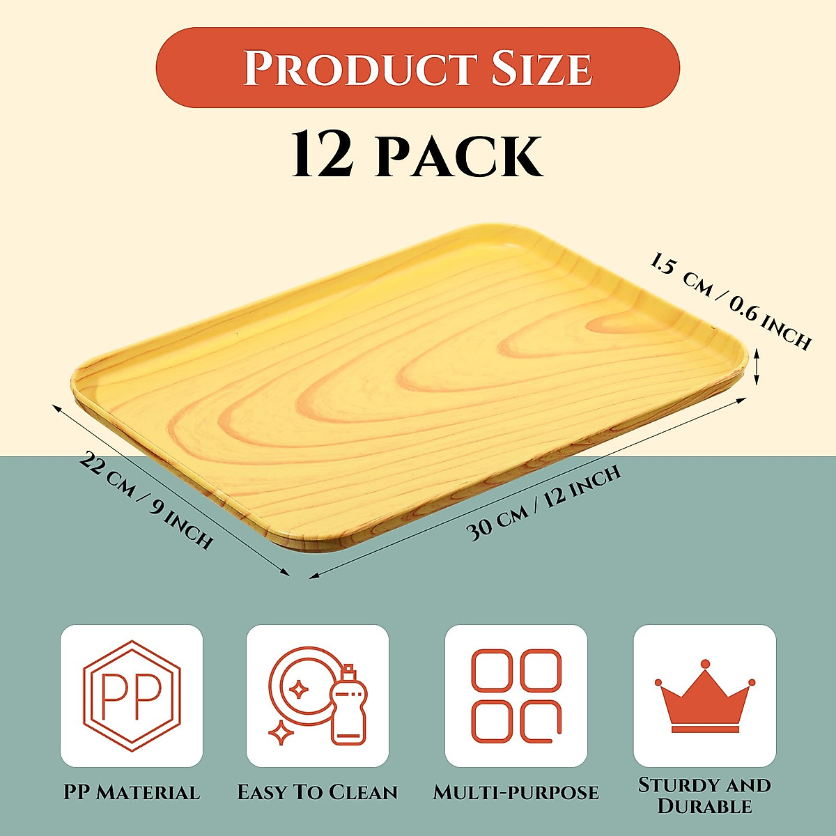 12 Pcs Plastic Wood Grain Serving Tray Fast Food Cafeteria Trays 11.8 x 8.7'' Rectangular Lunch Food Serving Platters Tray Plastic Platter for Kitchen Restaurant School Dinner Party Bar Cafe Camping