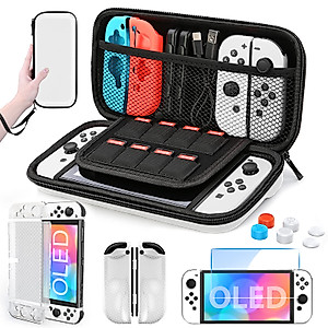HEYSTOP Nintendo Switch OLED Carrying Case, 9 in 1 Accessories Kit for 2021 Nintendo Switch OLED with Dockable Protective Case Cover, HD Switch Screen Protector and Thumb Grip Caps (White)