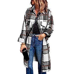 PRETTYGARDEN Women's 2023 Plaid Shacket Jacket Long Sleeve Button Down Shirts Fashion Winter Wool Coats (Black,Small)