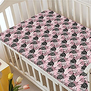 Roses Themed Fitted Crib Sheet,Standard Crib Mattress Fitted Sheet Soft Toddler Mattress Sheet Fitted-Baby Crib Sheets for Girl or Boy,28“ x52“,Charcoal Grey Pale Pink Black