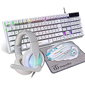 DGG Gaming Keyboard and Mouse and Gaming Headset & Mouse Pad,RGB Backlight Bundle for PC Gamers Gift Users_4 in 1 White Edition