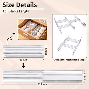 seinlife 6 Pack Plastic Drawer Dividers 3.2" High, 11-19.7" Adjustable Drawer Organizers for Clothes, Expandable Separators in Bedroom/Kitchen/Office Organization and Makeup Cosmetic Storage-Clear