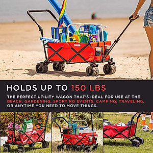 Red Wide Wheel Wagon All-Terrain Folding Collapsible Utility Wagon with Push Bar - Portable Rolling Heavy Duty 150 Lbs Capacity Canvas Fabric Cart Buggy - Beach, Garden, Sporting Events, Park, Picnic