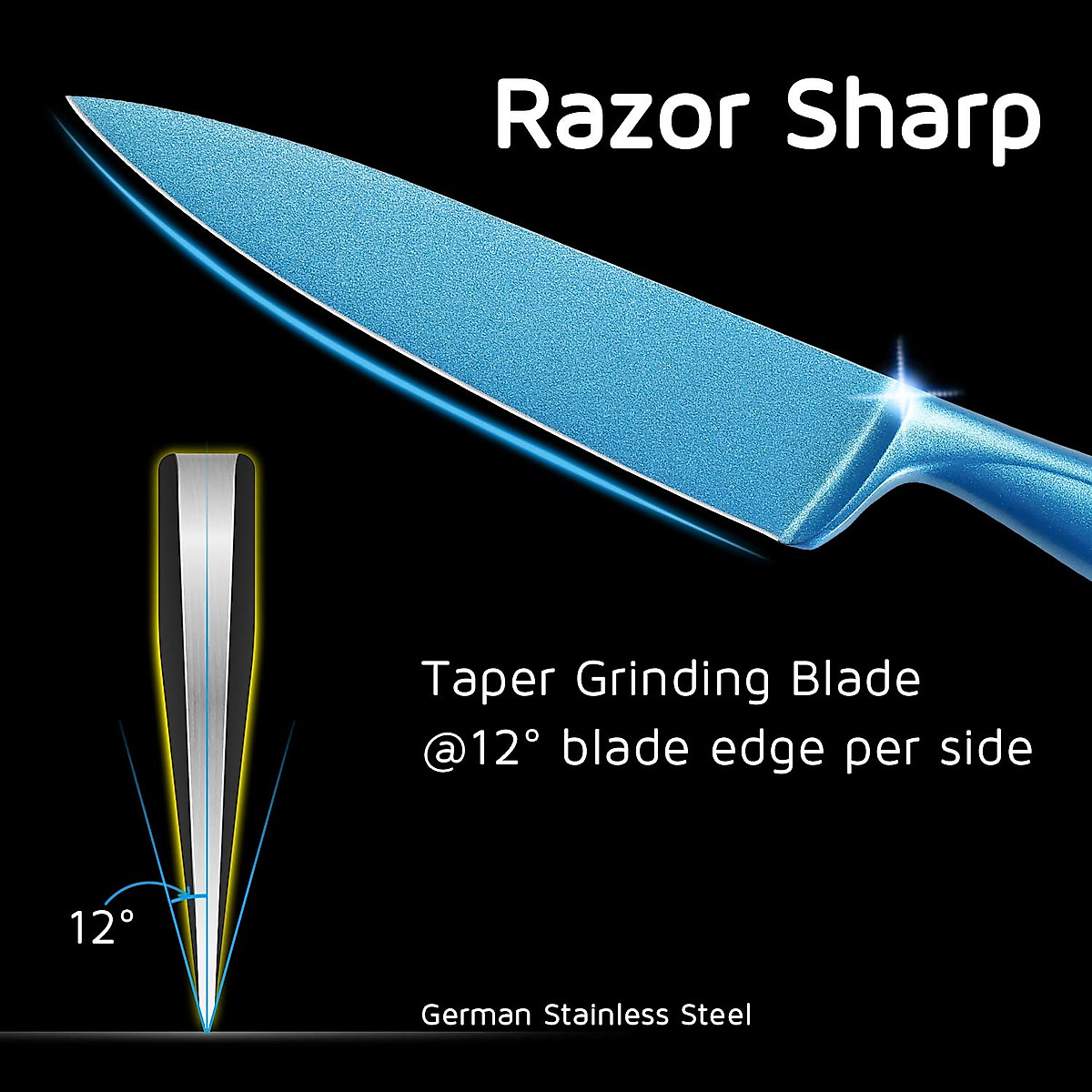 WELLSTER Blue Kitchen Knife Set with Block, 6 Pieces Knives Universal Holder Set, German Stainless Steel Blade Non-Stick Coated Chef Carving Bread Utility Paring Knives