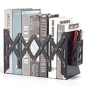 Adjustable Bookends - Metal Book End Holder with Removable Pen Holder Pocket for Office, School, Desktop Files Organizer / Book Shelf, Expandable Book Binder Holder