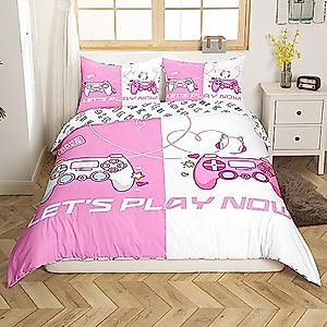 Erosebridal Gaming Bedding Sets for Boys King Size Gamer Duvet Cover for Girls Kids Teens Gaming Room Decor Pink Comforter Cover Video Games Bedding Collections Soft Reversible Bedspread Cover 3 Pcs