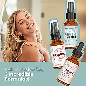 Eva Naturals Facelift in a Bottle - 3-in-1 Anti-Aging Set with Retinol Serum, Vitamin C Serum and Eye Gel - Formulated to Reduce Wrinkles, Fade Dark Spots and Treat Under-Eye Bags - Premium Quality