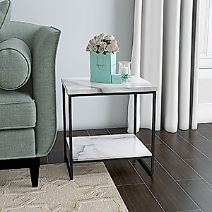 Tilly Lin Faux Marble Side Table, White Marble Small Coffee Table with Storage, 2-Tier End Table for Living Room, Nightstand for Bedroom (White, Black)
