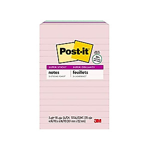 Post-it Super Sticky Recycled Notes, 4x6 in, 3 Pads, 2x the Sticking Power, Wanderlust Collection, Pastel Colors, 30% Recycled Paper (660-3SSNRP)