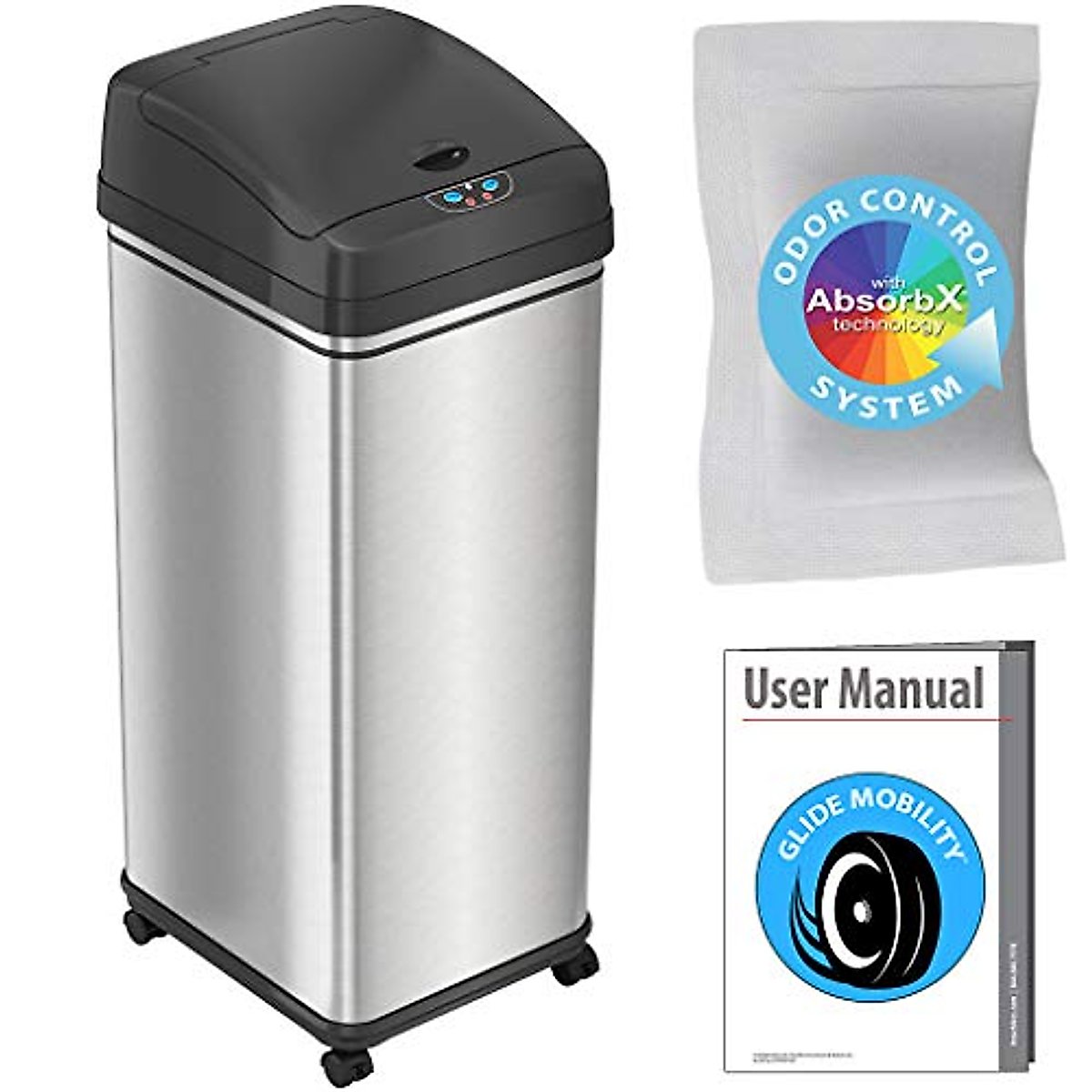 iTouchless Glide 13 Gallon Sensor Trash Can with Wheels and Odor Control System Stainless Steel Silver Rectangle Fingerprint Proof Seal On-Off Switch