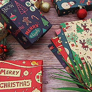 Christmas Wrapping Paper, Gift Wrapping Papers, 20 x 28 inches per sheet, Santa Snowmen Deer Bell Tree Kraft Wrapping Paper for Family Friends Kids lovers on Christmas or Birthday(4 Designs 12 sheets)